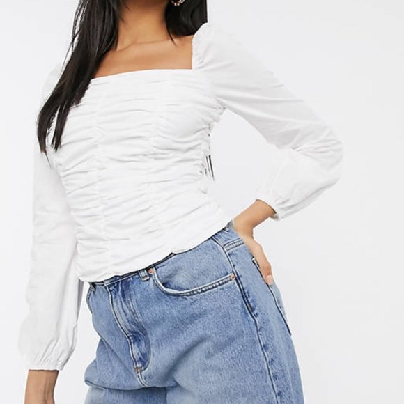 Missguided | Tops | Missguided Poplin Ruched Square Neck Top In White ...
